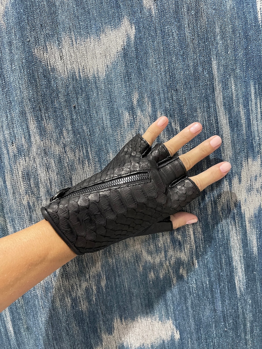 Snakeskin Gloves Mittens, Black Python Leather Mittens, Lamb Leather Mittens, Woman's Gloves ...