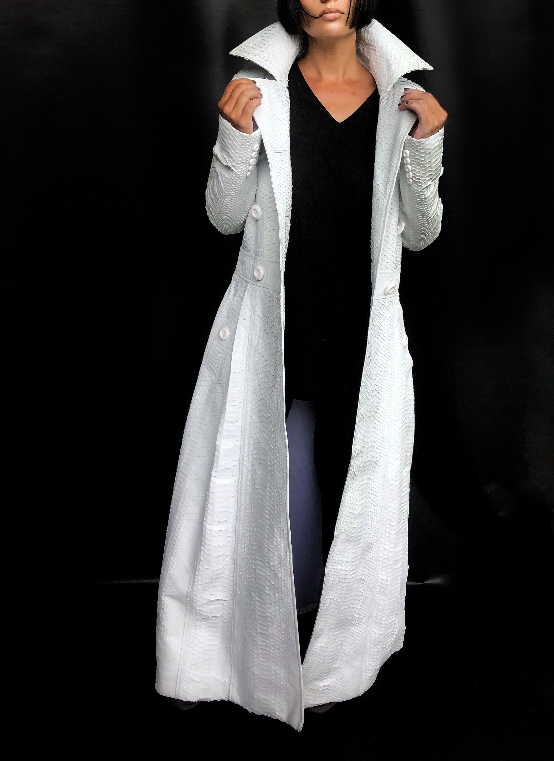Womens White Python Leather Coat Snakeskin Long Trench Long | Etsy