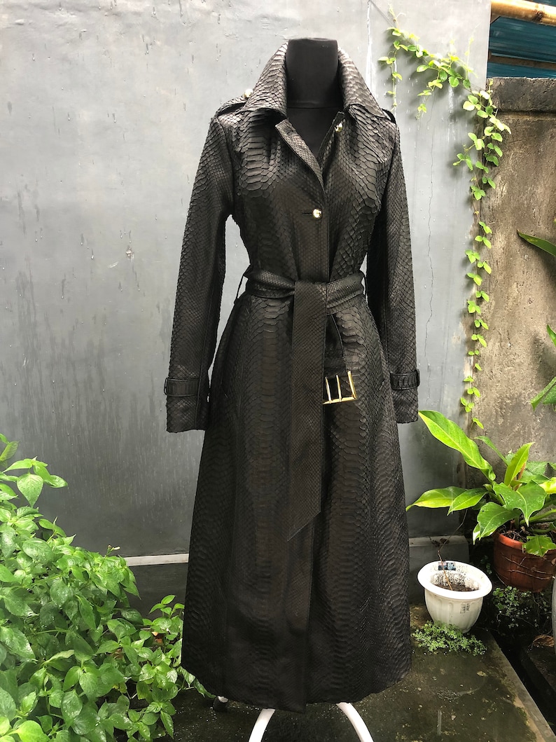 Snakeskin Long Womens Coat Long Python Leather Trench Black - Etsy