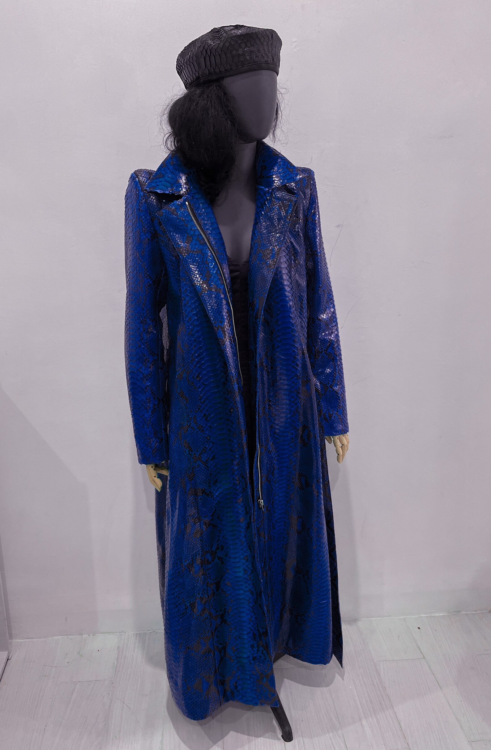 Snakeskin Long Women’s Coat, Long Python Leather Trench, Blue Leather ...