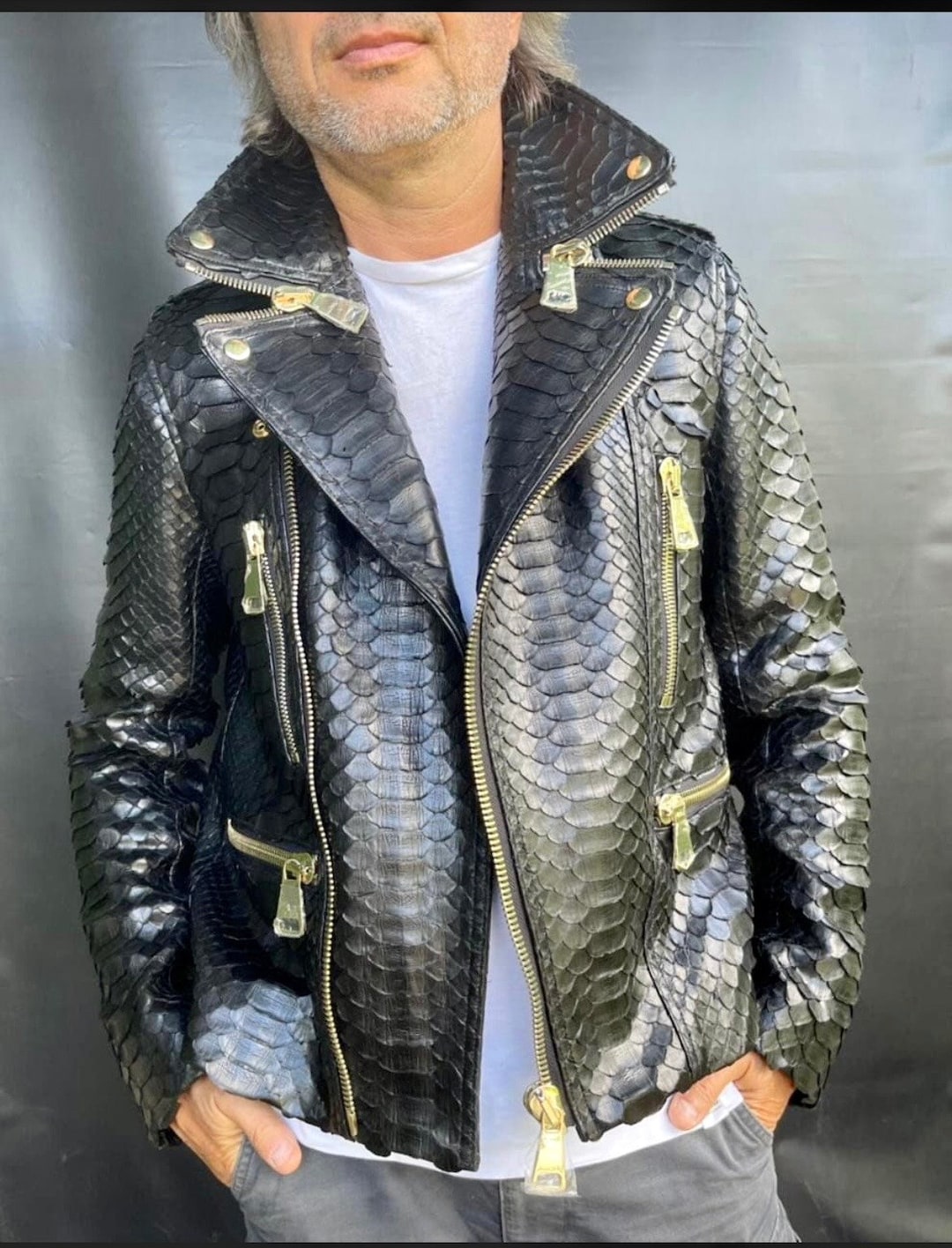 Man’s KING Python Leather Jacket, King Snakeskin Jacket, Black Leather ...