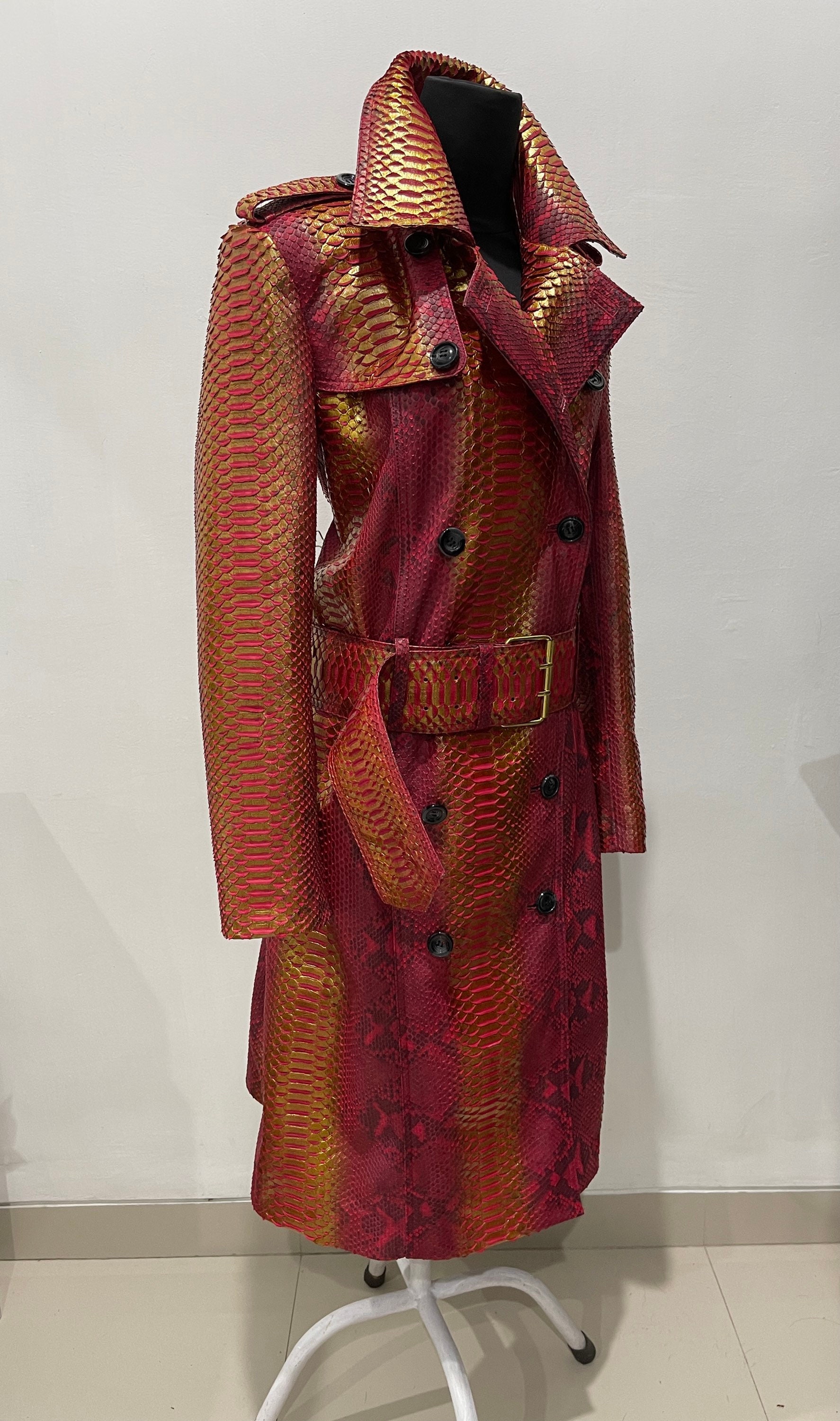 Snakeskin Womens Coat Golden Leather Trench Coat Red Long - Etsy