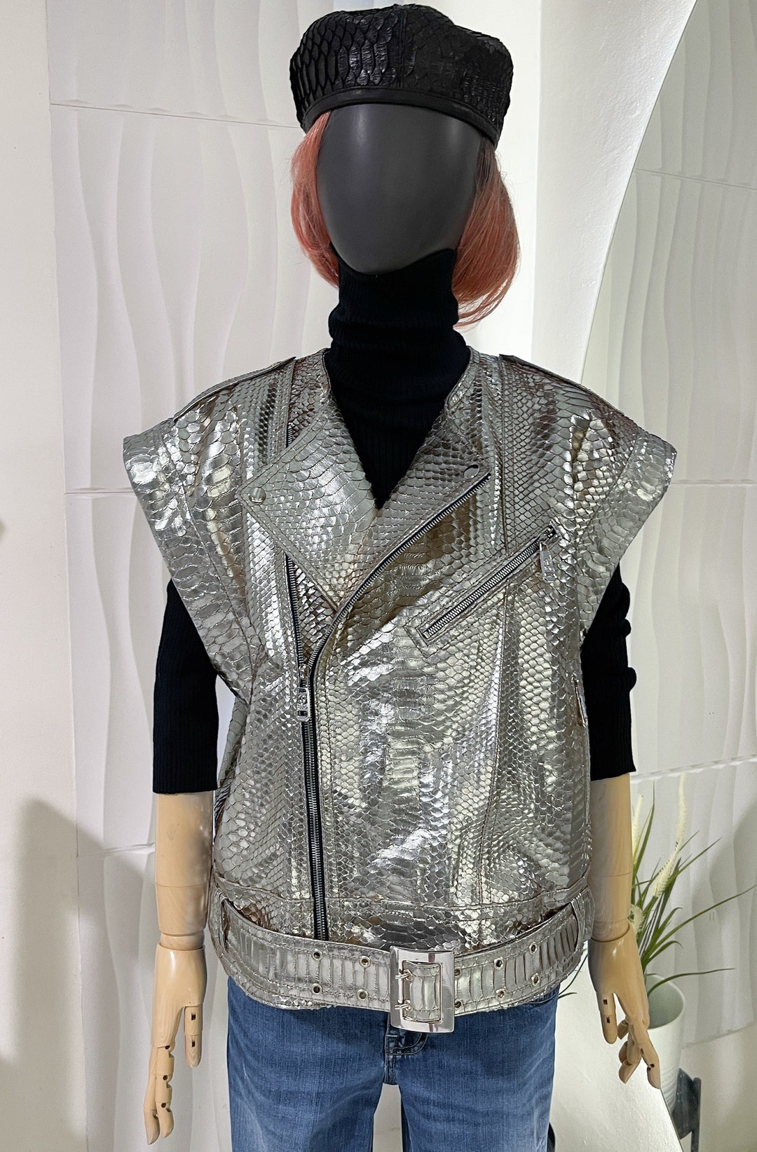 Silver Oversize Snakeskin Vest, Golden Python Biker Vest, Woman's ...