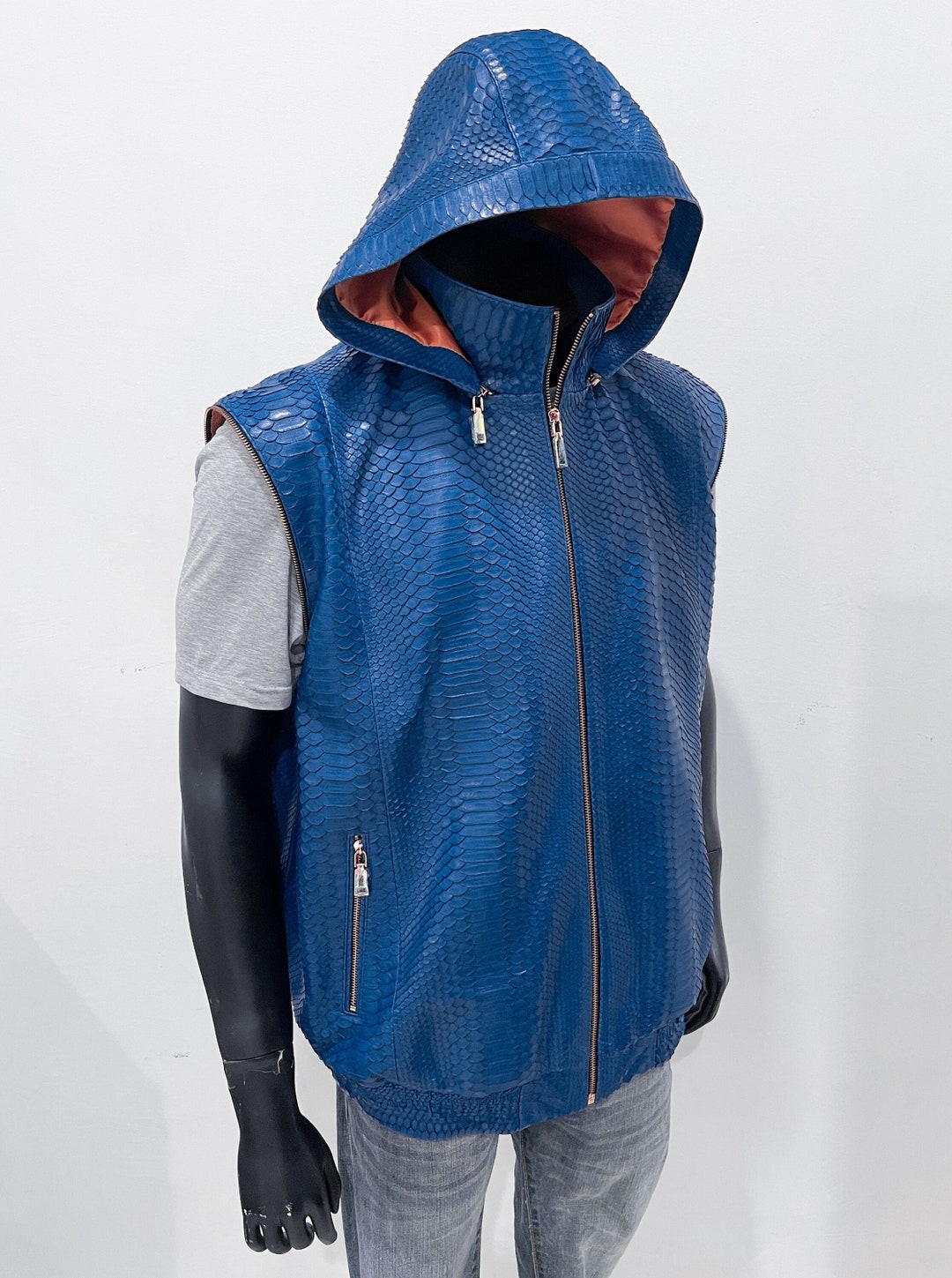 Man's Hooded Snakeskin Vest, Blue Python Leather Jacket, Snakeskin Vest ...