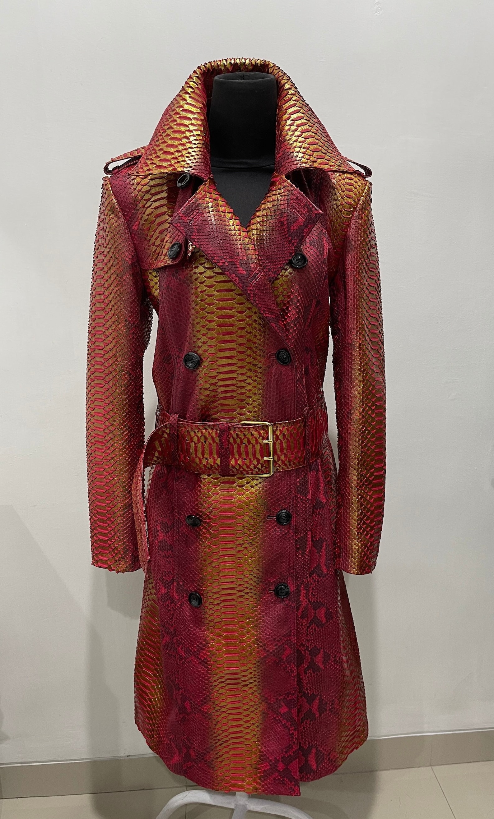 Snakeskin Womens Coat Golden Leather Trench Coat Red Long - Etsy