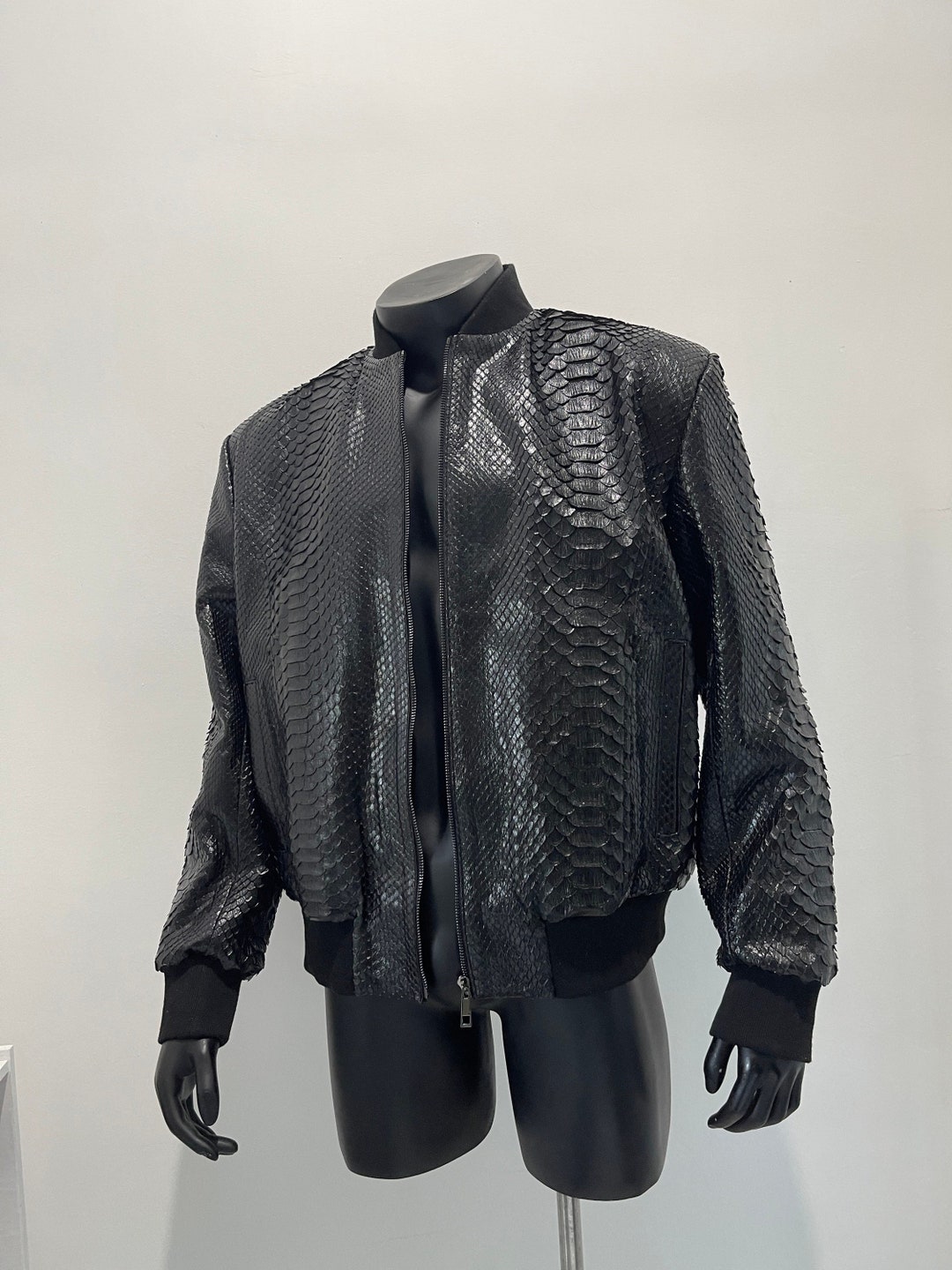 Man's Snakeskin Jacket Bomber, Black Python Leather Jacket, Natural ...