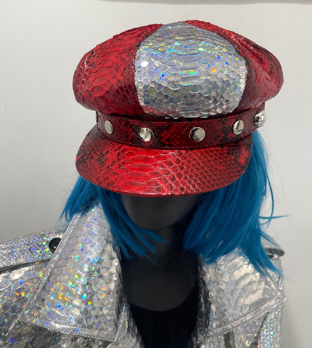 Snakeskin Hat, Python Leather Cap, Purple Leather Cap, Red Python ...