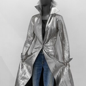 Woman’s Silver Metallic Snakeskin Coat, Python Leather Coat, Silver ...