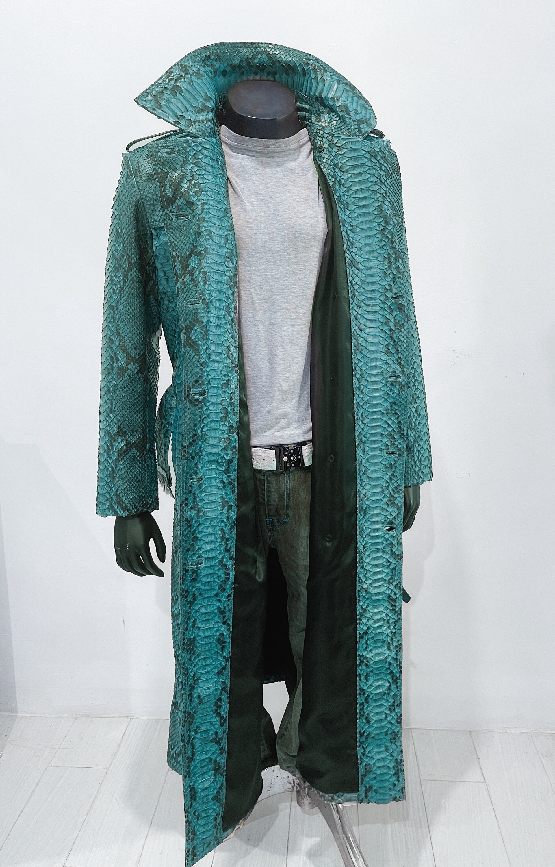Men’s Snakeskin Trench Coat, Dragon Python Leather Men’s Coat, Men’s ...