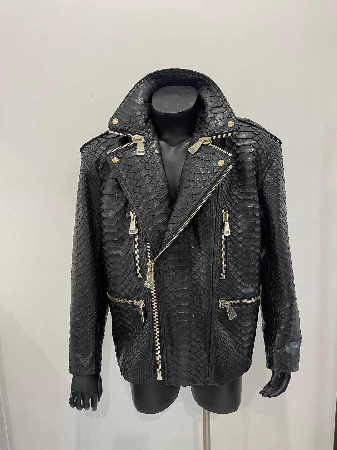 Man's Snakeskin Biker Jacket, Black King Python Leather Jacket for Men ...