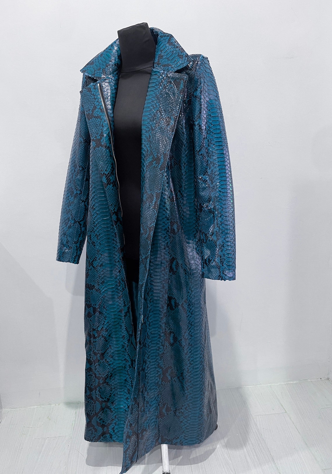 Snakeskin Long Women’s Coat, Long Python Leather Trench, Blue Leather ...