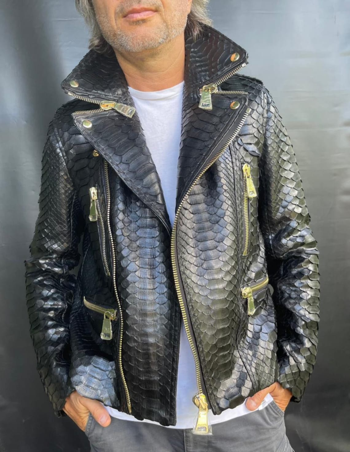 Men's Snakeskin Biker Jacket Black King Python Leather - Etsy UK