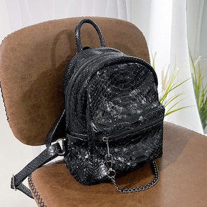 Snakeskin Backpack | Unisex Black Python Leather Backpack | Glossy ...