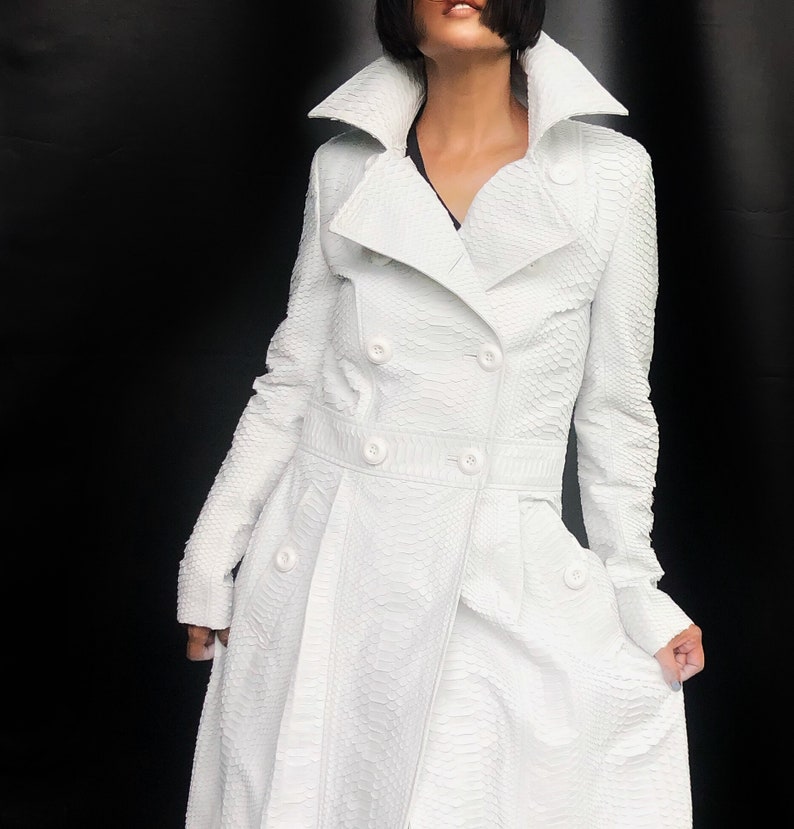 Womens White Python Leather Coat Snakeskin Long Trench Long | Etsy