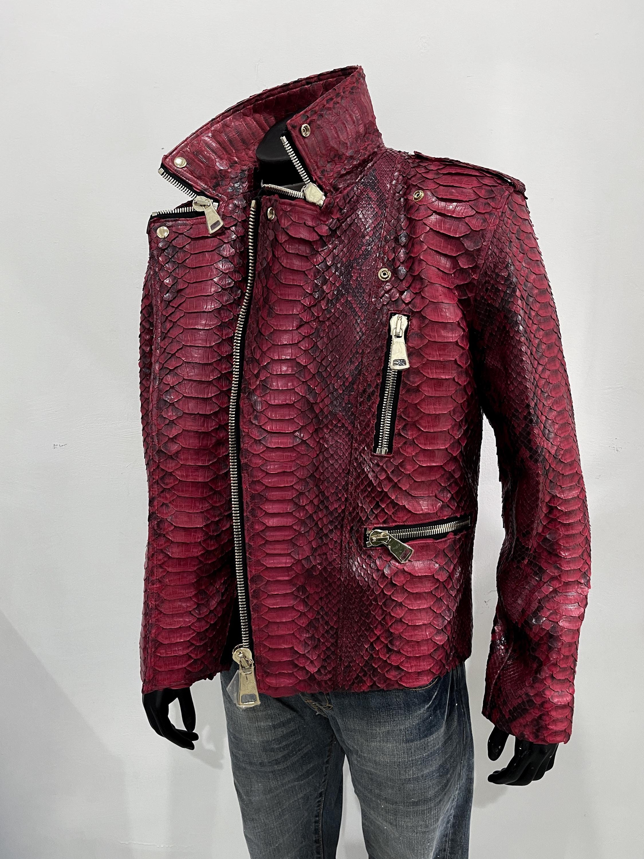 Man’s Red King Python Leather Jacket, Snakeskin Biker Jacket, Custom ...