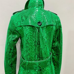 Snakeskin Long Women’s Coat, Long Python Leather Trench, Emerald ...