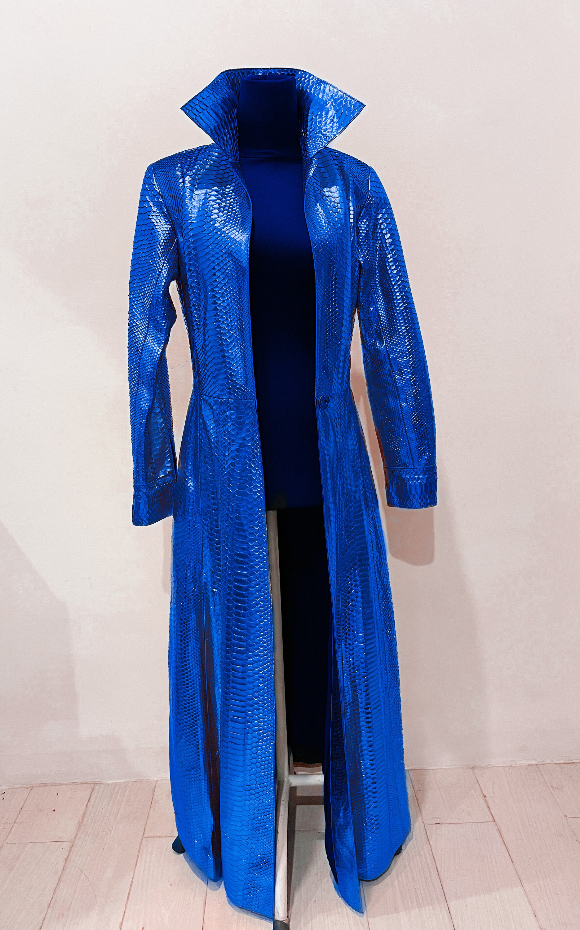 Woman’s Blue Metallic Snakeskin Coat, Python Leather Coat, Blue Python ...
