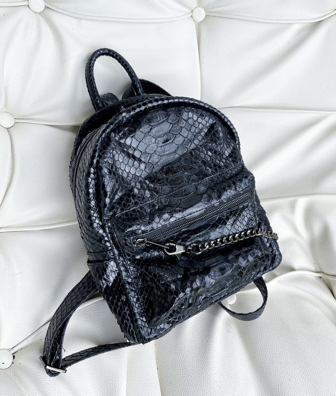 Snakeskin Backpack | Unisex Black Python Leather Backpack | Glossy ...
