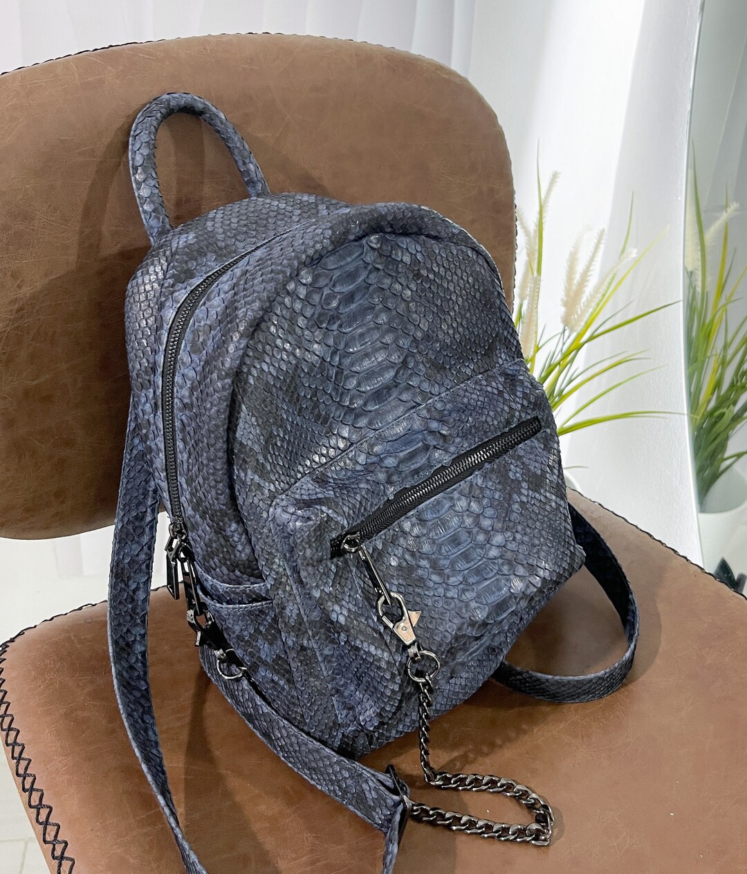Python Leather Backpack, Snakeskin Backpack, Gray Leather Rucksack ...