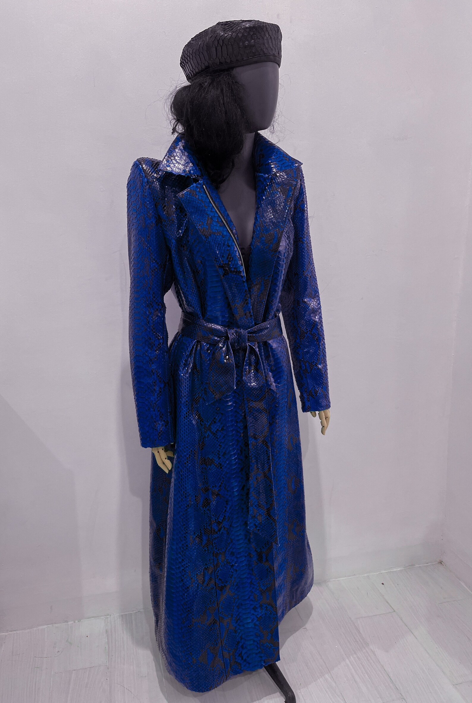 Snakeskin Long Women’s Coat, Long Python Leather Trench, Blue Leather ...