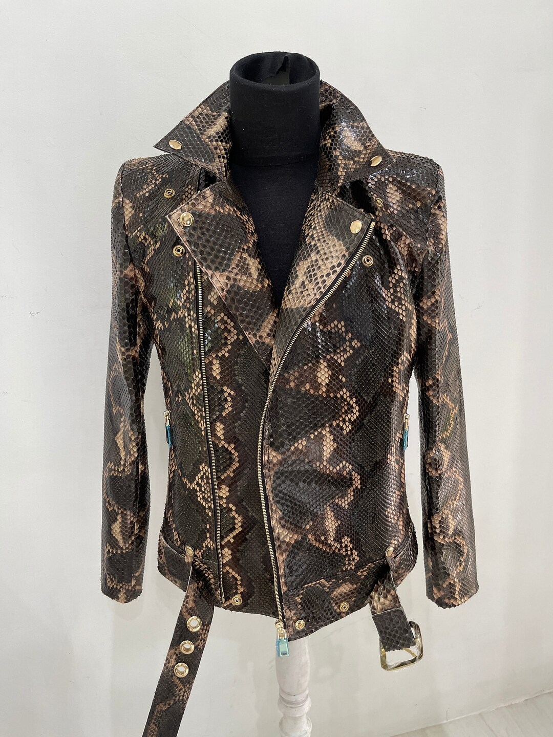Custom Man’s Snakeskin Biker Jacket, Motor Python Leather Jacket, Brown ...