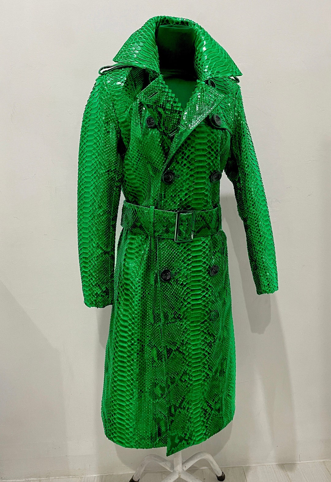 Snakeskin Long Womens Coat, Long Python Leather Trench, Emerald Leather ...