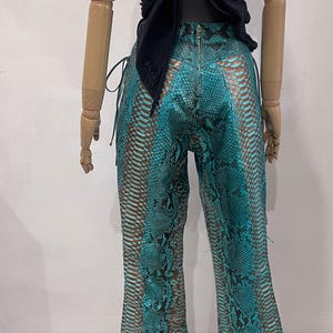 Python Leather Flared Pants, Snakeskin Pants, Blue Leather Pants, Real ...
