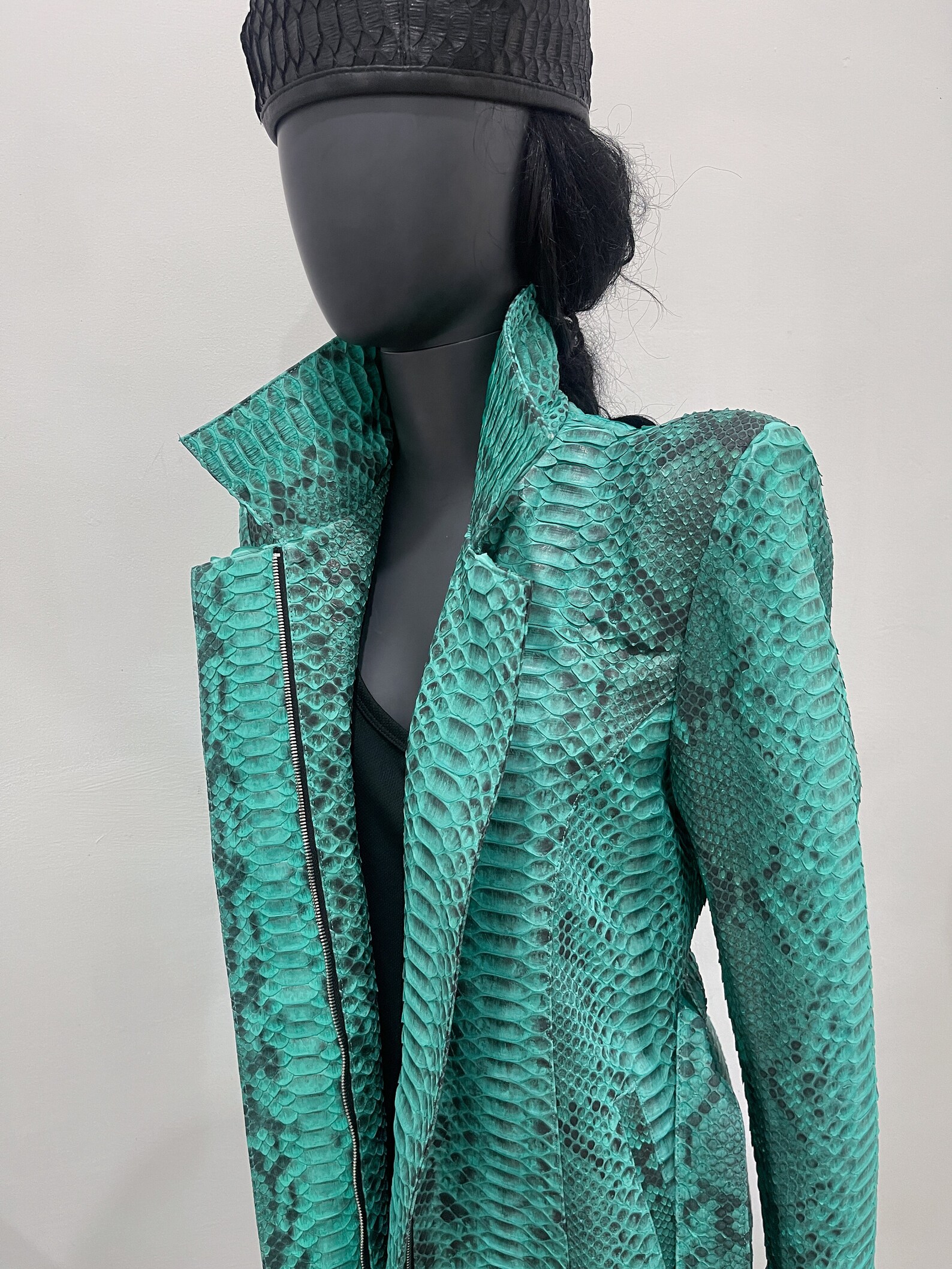 Snakeskin Long Womens Coat, Long Python Leather Trench, Emerald Leather ...