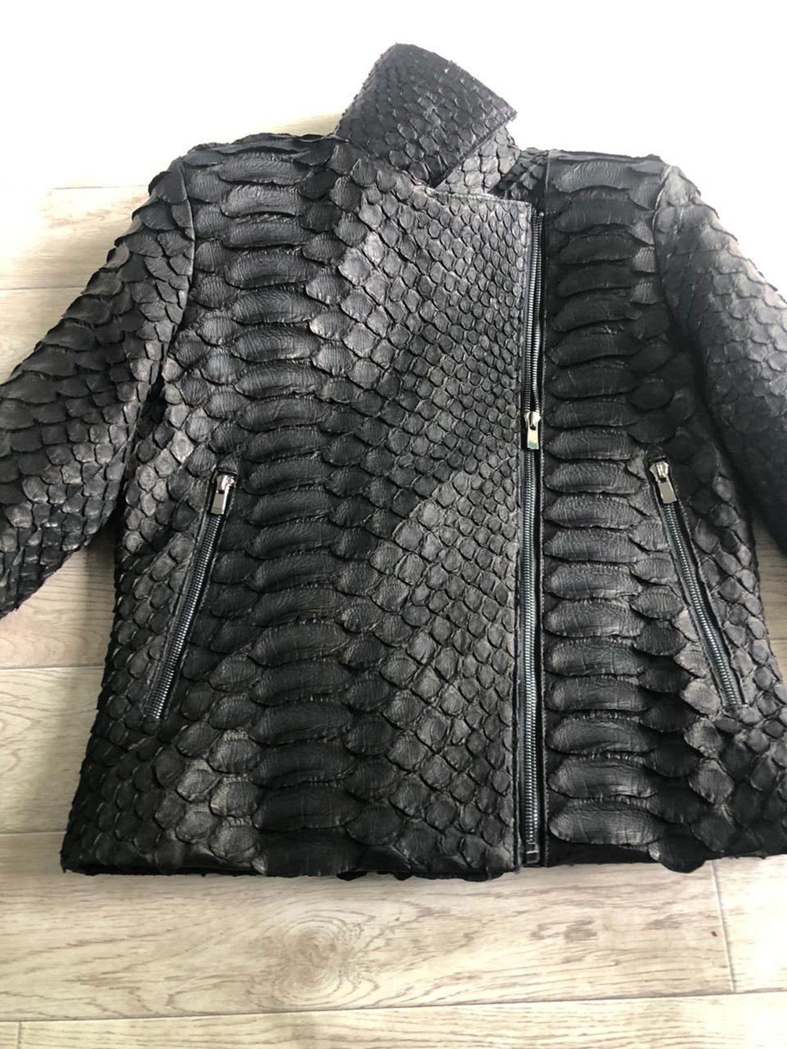Custom King Python Leather Jacket, Womans Biker Snakeskin Jacket, Black ...