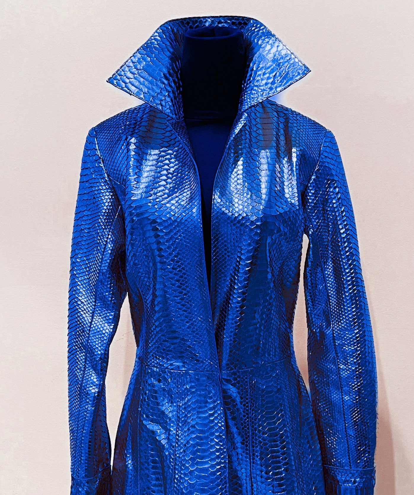 Woman’s Blue Metallic Snakeskin Coat, Python Leather Coat, Blue Python ...
