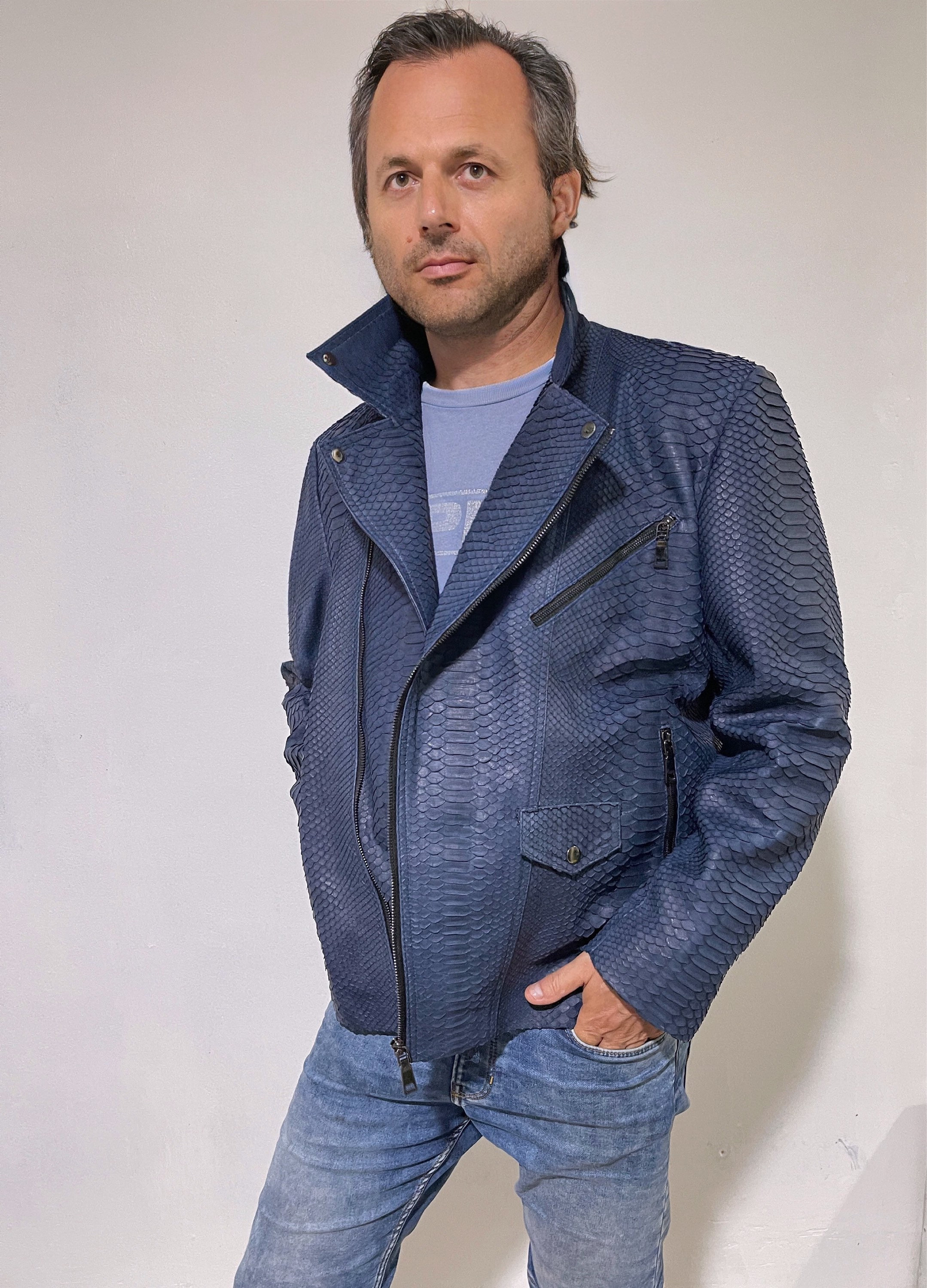 Man's Biker Snakeskin Jacket Blue Python Moto Leather | Etsy