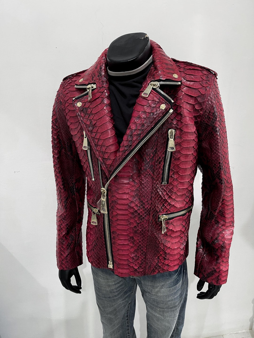 Man’s Red King Python Leather Jacket, Snakeskin Biker Jacket, Custom ...