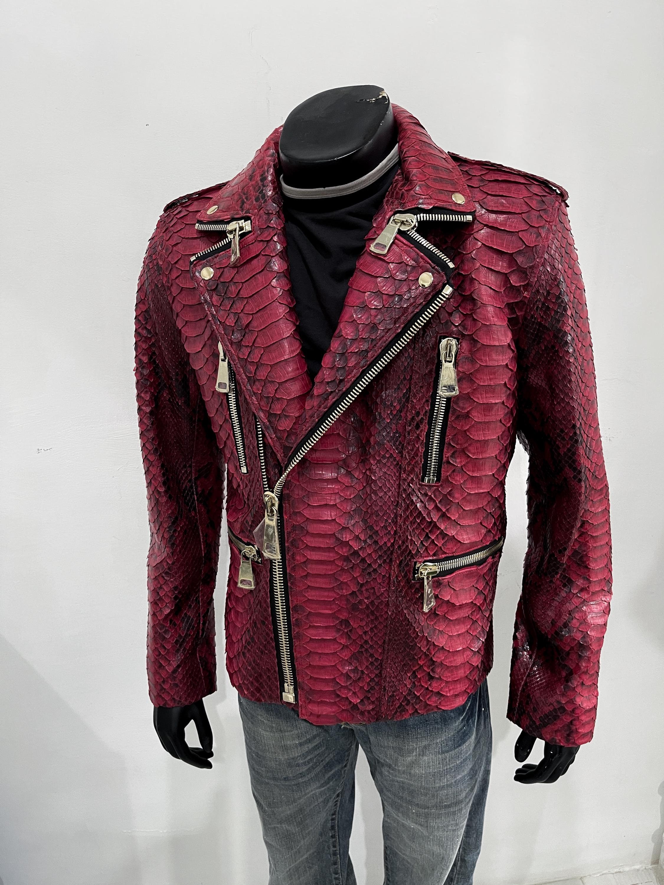 Man’s Red King Python Leather Jacket, Snakeskin Biker Jacket, Custom ...