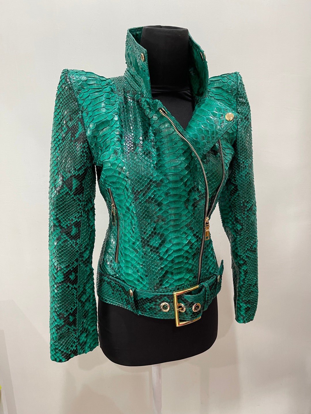 Green Snakeskin Jacket, Women’s Python Leather Jacket , Glossy ...