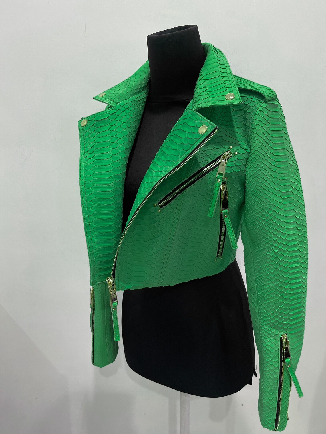 Green Snakeskin Jacket, Women’s Python Leather Jacket , Glossy ...