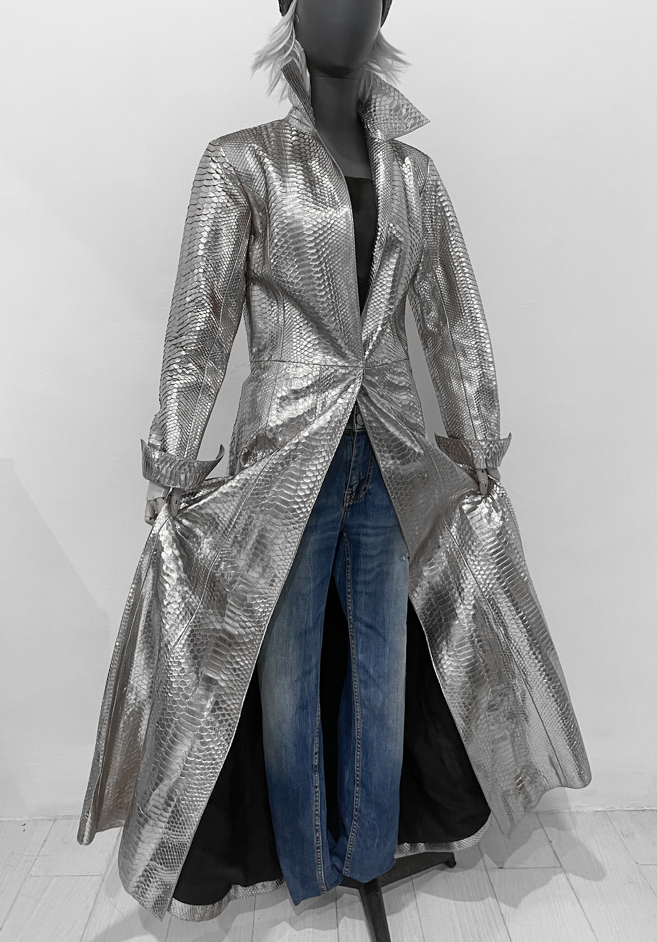 Woman’s Silver Metallic Snakeskin Coat, Python Leather Coat, Silver ...