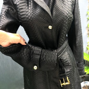 Snakeskin Long Women’s Coat, Long Python Leather Trench, Black Leather ...