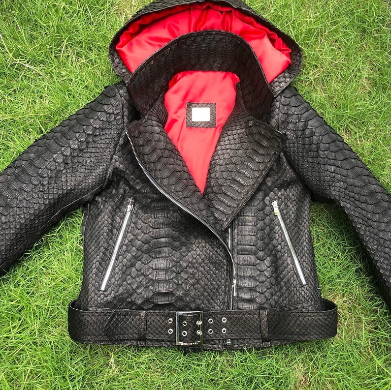 King Python Leather Jacket, Women's Snakeskin Jacket, King Python Jacket, Black Leather Moto ...