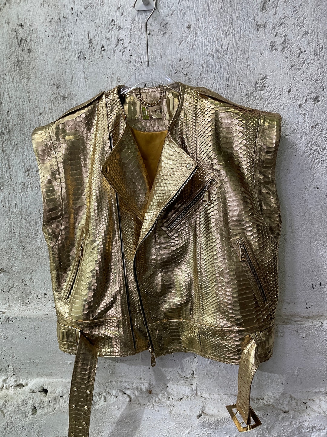 Golden Oversize Snakeskin Vest, Golden Python Biker Vest, Woman's ...