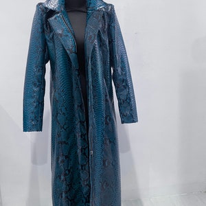 Snakeskin Long Women’s Coat, Long Python Leather Trench, Blue Leather ...