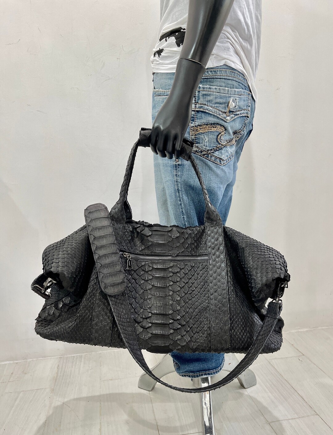 Python Leather Weekender Bag, Black Leather Travel Bag, Leather Duffel ...