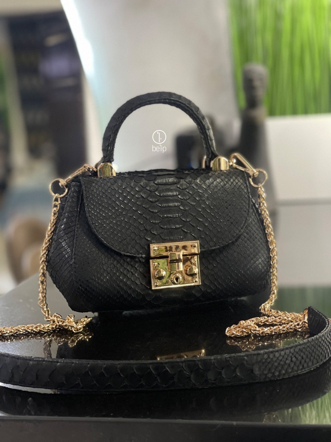 Black Snakeskin Crossbody Bag, Python Leather Purse, Petty Leather Bag ...