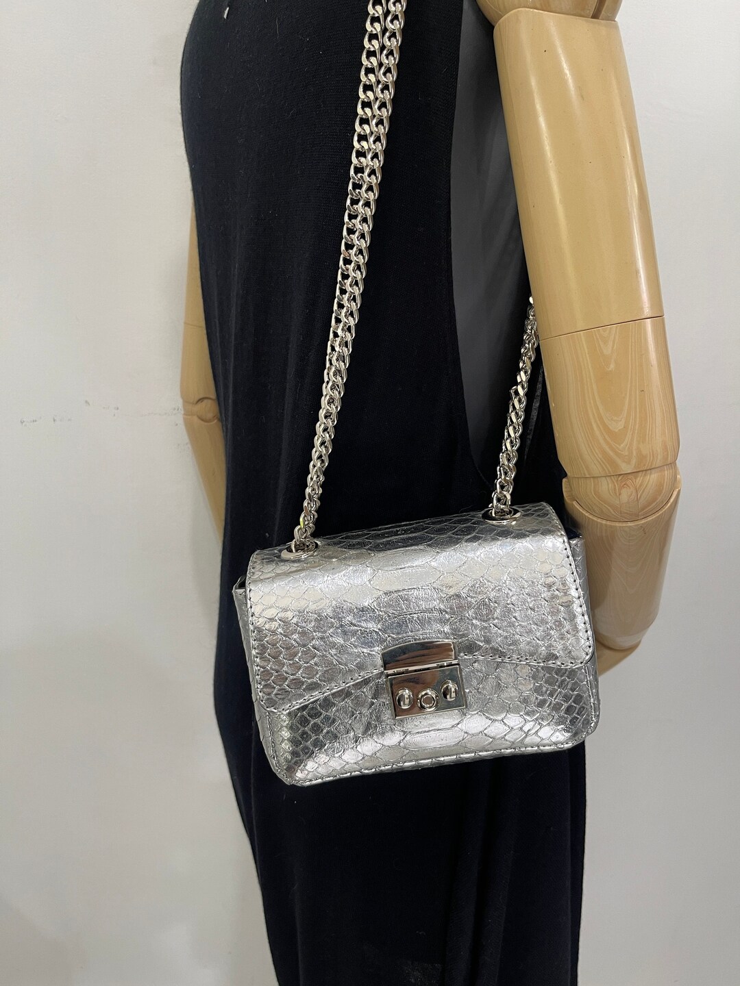 Silver Snakeskin Purse, Golden Python Leather Crossbody Bag, Pink ...