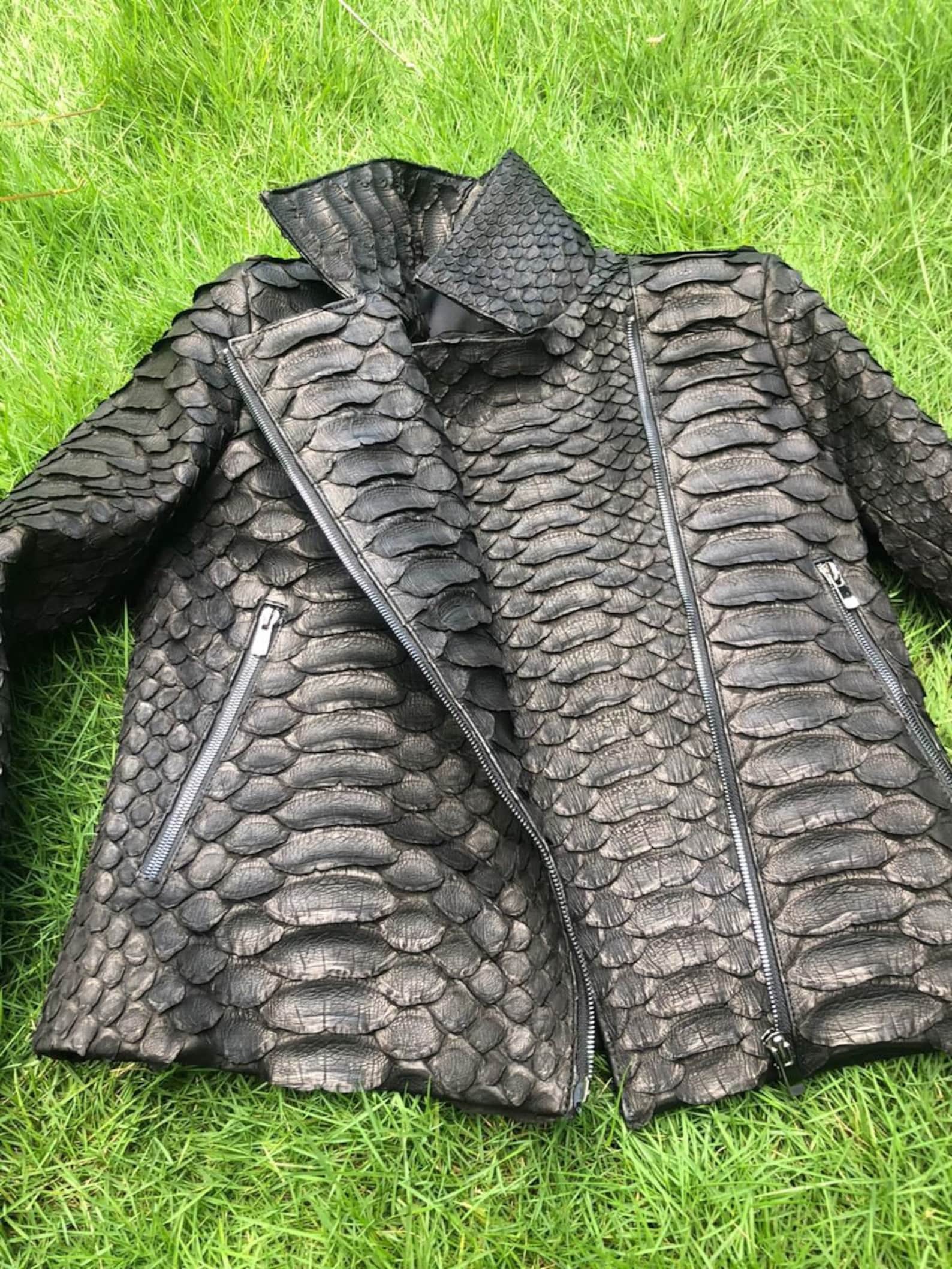 Custom King Python Leather Jacket, Womans Biker Snakeskin Jacket, Black ...