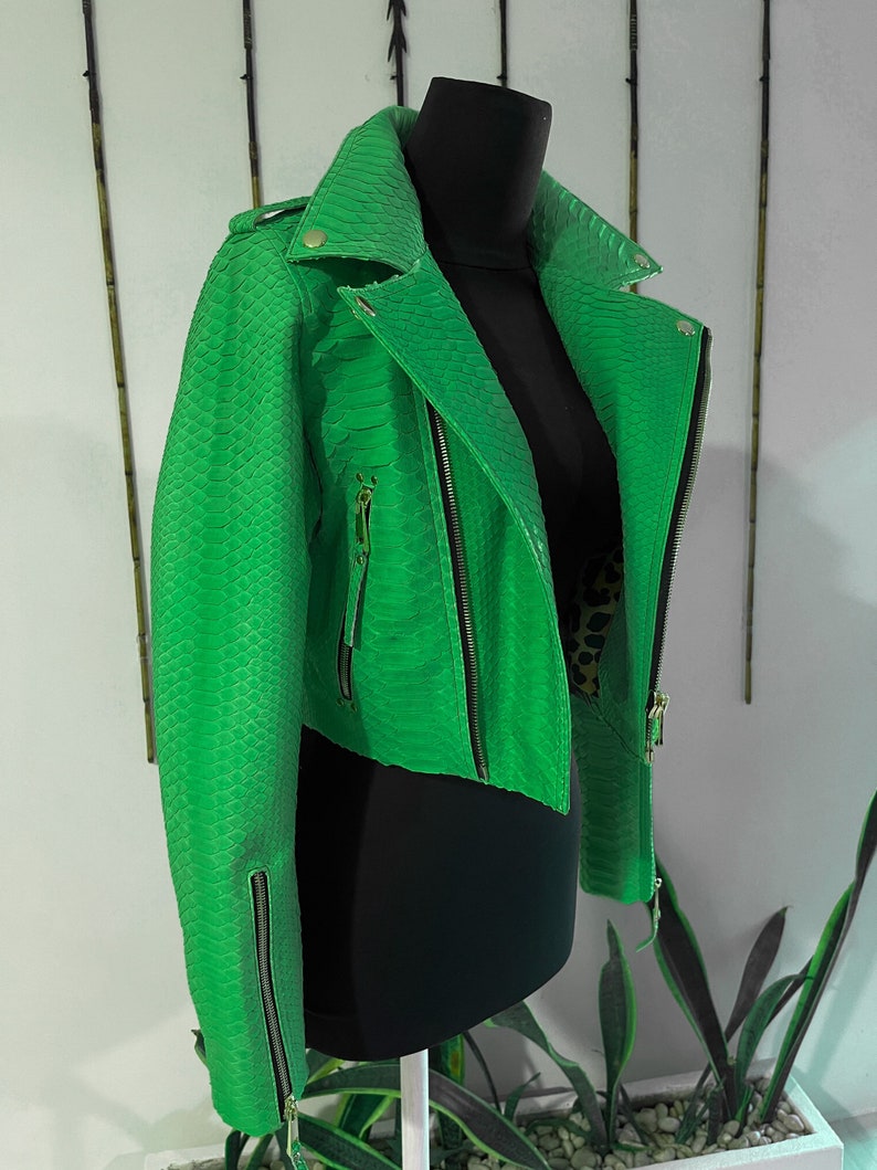 Green Snakeskin Jacket, Women’s Python Leather Jacket , Glossy ...