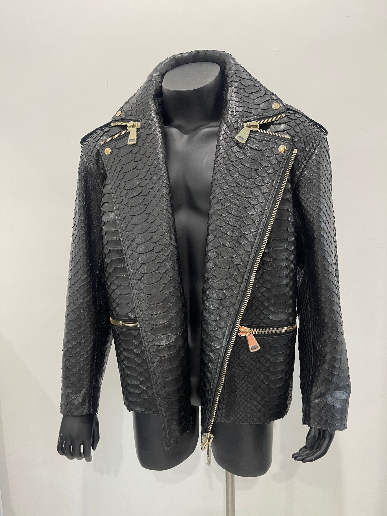 Man's Snakeskin Biker Jacket, Black King Python Leather Jacket for Men ...