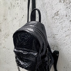 Snakeskin Backpack | Unisex Black Python Leather Backpack | Glossy ...