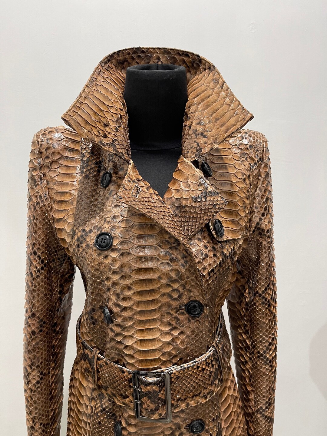 Woman's Dragon Python Leather Trench Coat, Snakeskin Trench Coat, Long ...