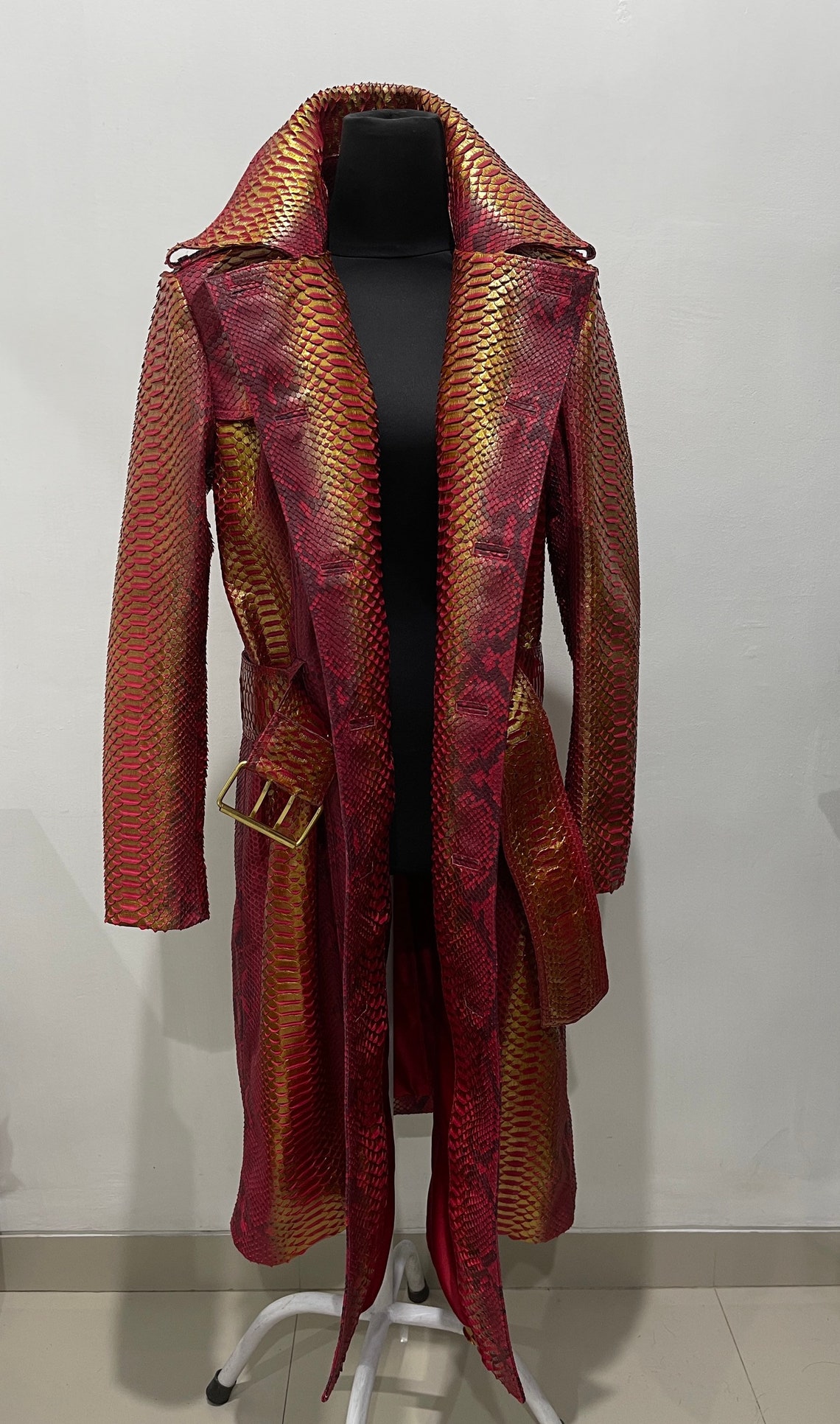 Snakeskin Womens Coat Golden Leather Trench Coat Red Long - Etsy