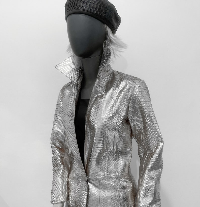 Woman’s Silver Metallic Snakeskin Coat, Python Leather Coat, Silver ...